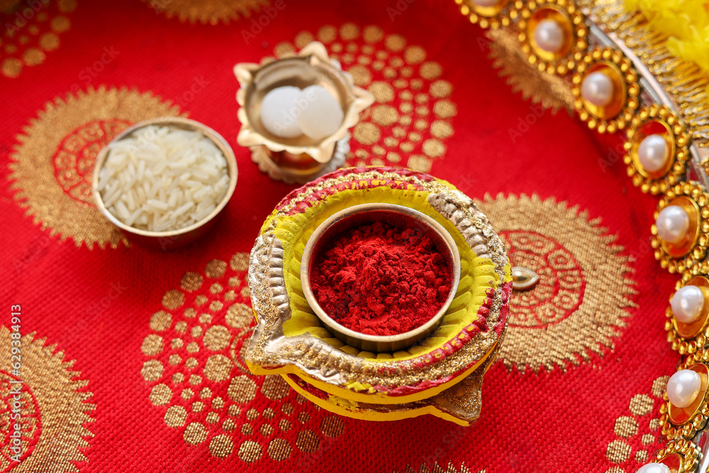 kumkum powder in golden bowl use for indian traditional god worship and ...