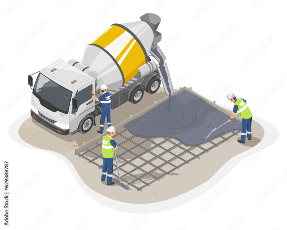 Concrete truck isometric yellow white cement delivery worker working on ...
