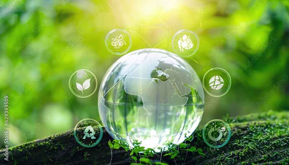Glass globe in green forest with the icon environment of ESG, co2 ...