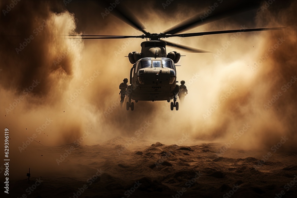 Soldiers disembarking from a transport helicopter in a dusty desert ...