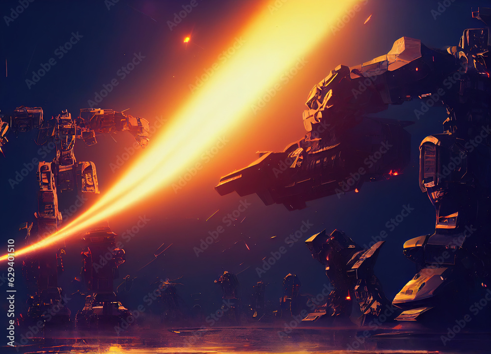 Ravishing and powerful mech warrior in advanced armor stand in combat ...