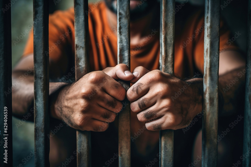 Man behind prison bars. Men's hands rest on the bars of a prison or ...