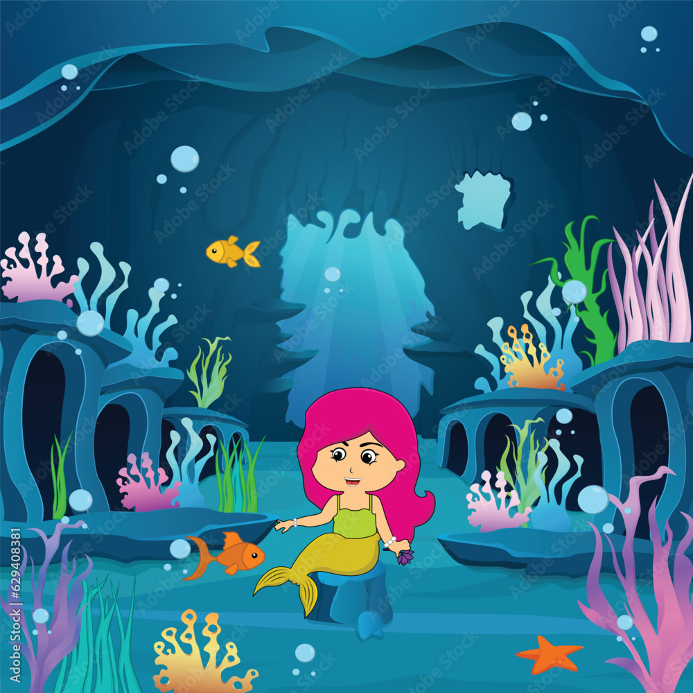 Ocean underwater with cute little mermaid sit in a cave, ocean ...