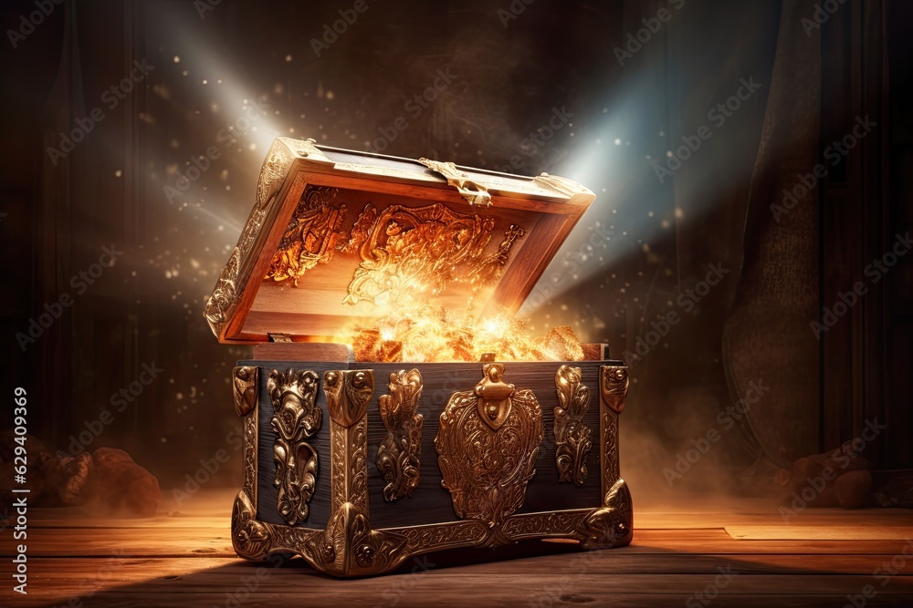 Opened vintage treasure chest with mystical lights on wooden background ...