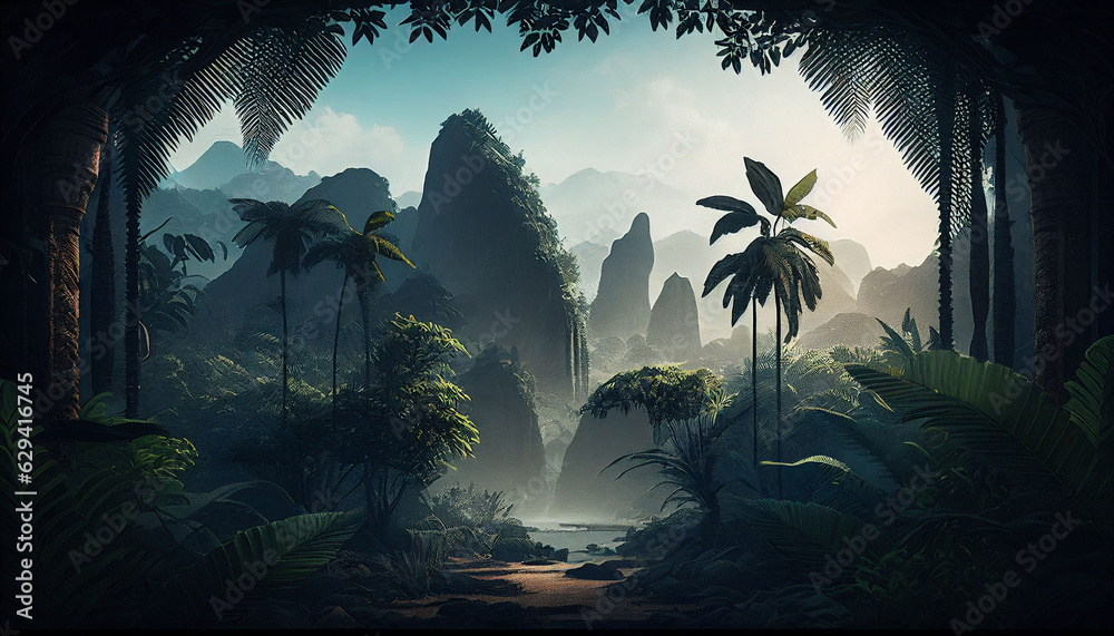 Matte painting style of a deep jungle with chinese mountains Stock ...