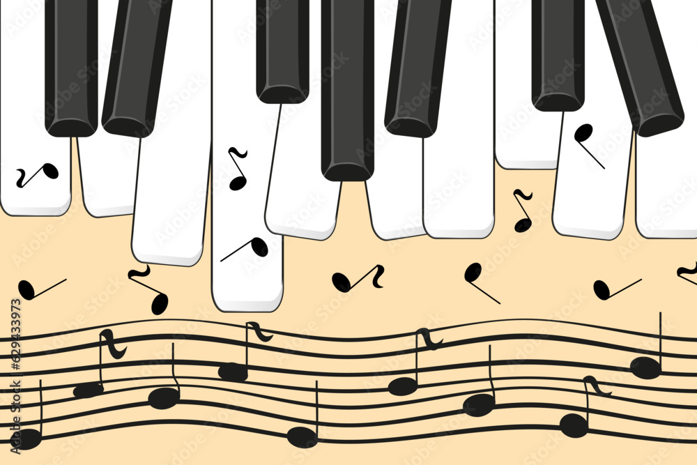 Realistic broken flat Piano Keys background with notes on light ...