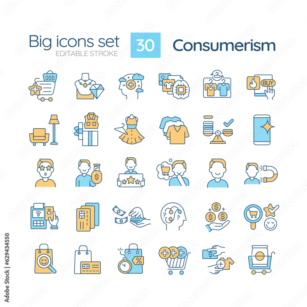 Consumerism RGB color icons set. Consumer culture. Responsible ...