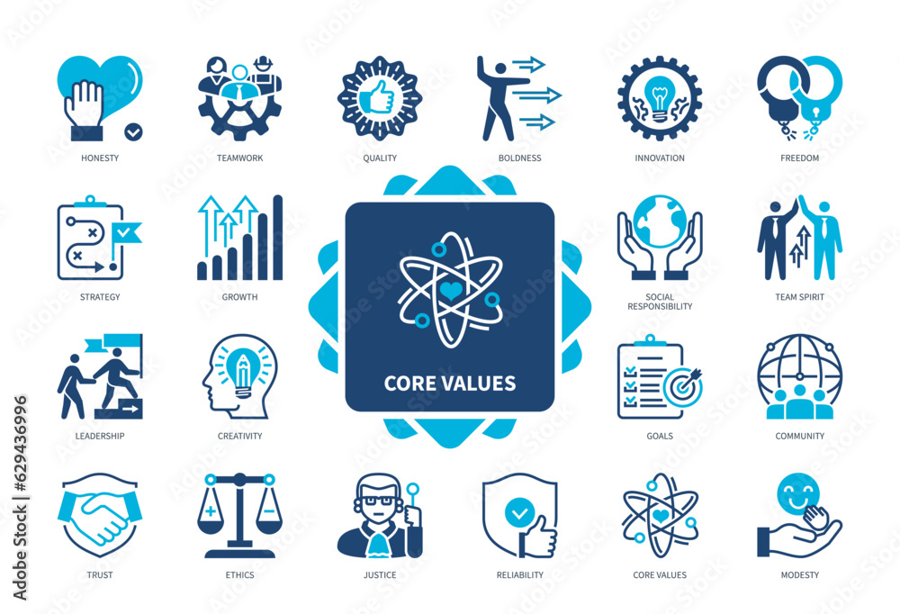 Core values icon set. Society, Teamwork, Ethic, Innovations, Freedom ...