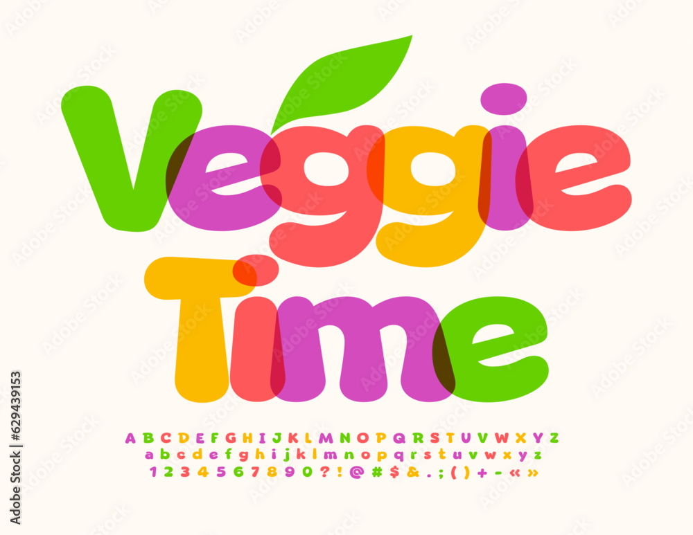 Vector bright icon Veggie Time with decorative Leaf. Watercolor ...