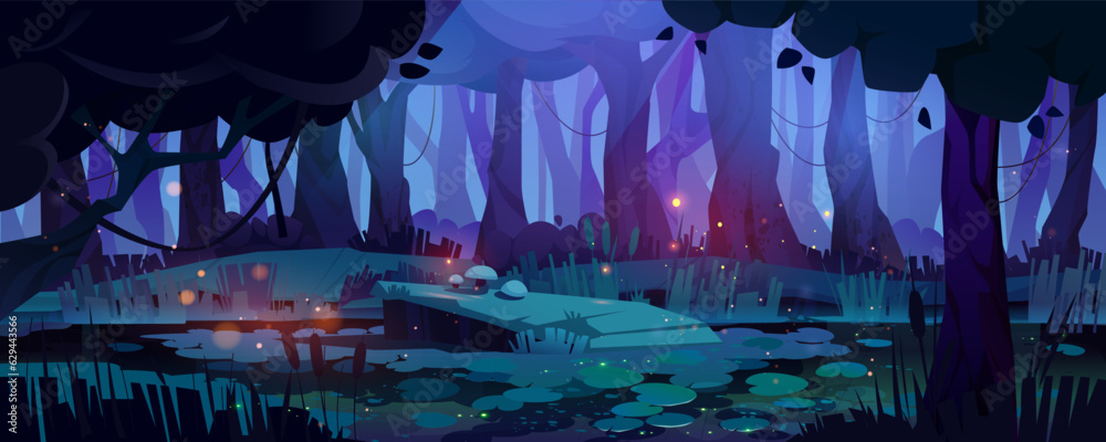 Night jungle forest swamp with firefly background. Fantasy lake ...