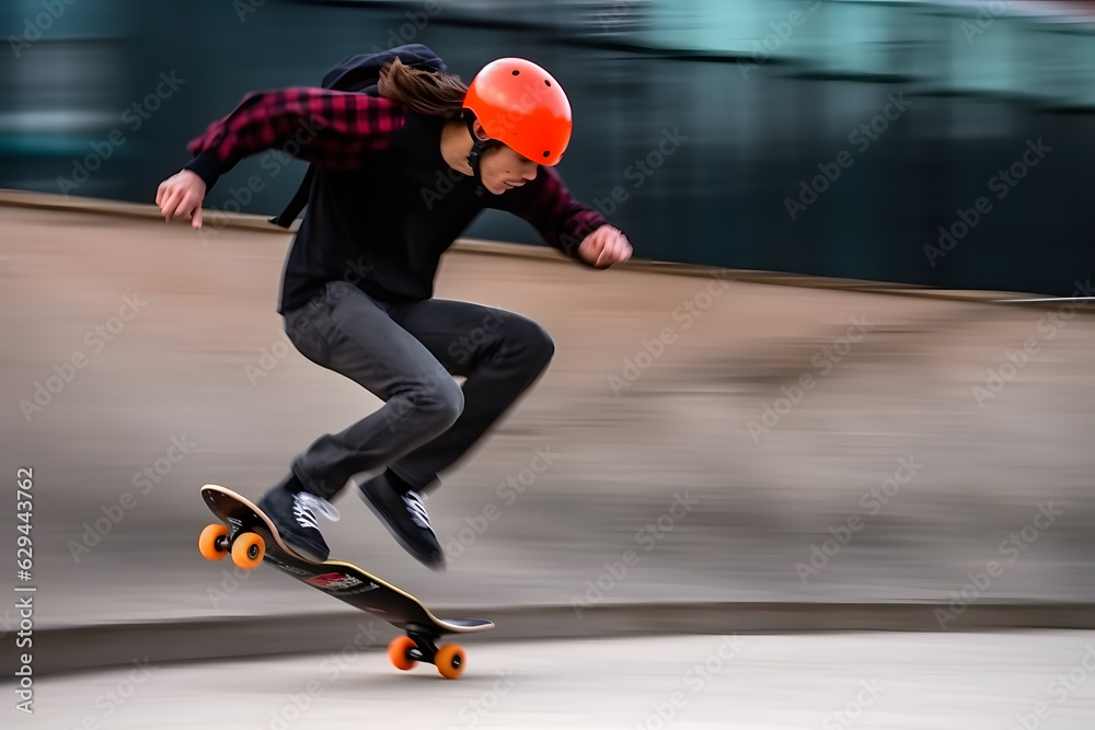 Panning shot of a skateboarder performing tricks in a skate park ...