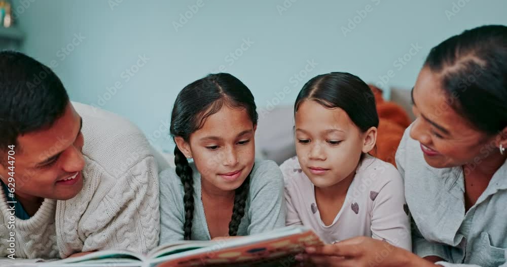 Mom, dad and kids reading books in bedroom for learning, childhood ...