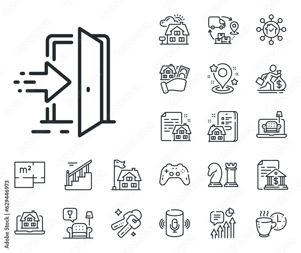 Entry door sign. Floor plan, stairs and lounge room outline icons ...