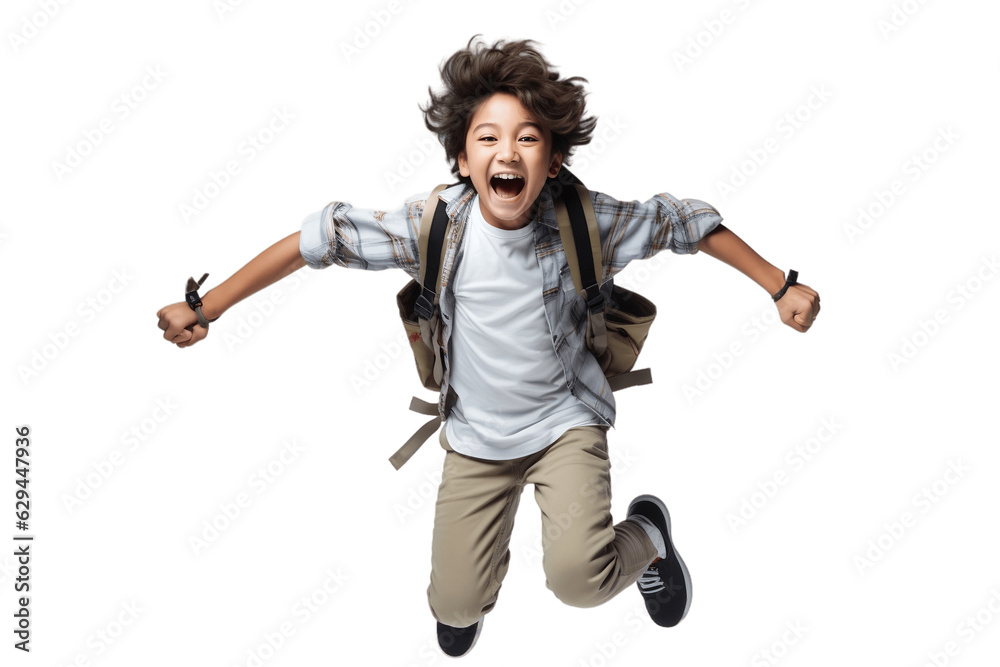 Asian Schoolboy Jumping for Joy on Transparent Background. AI Stock ...