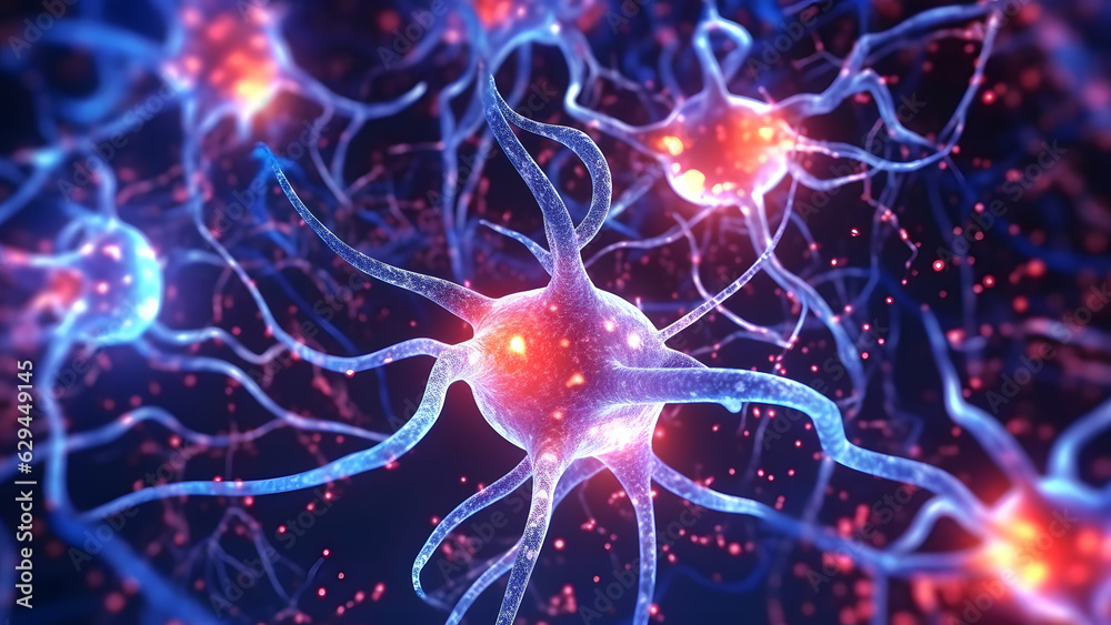 glowing brain neural cells connected in biological neural network, neural network generated ...
