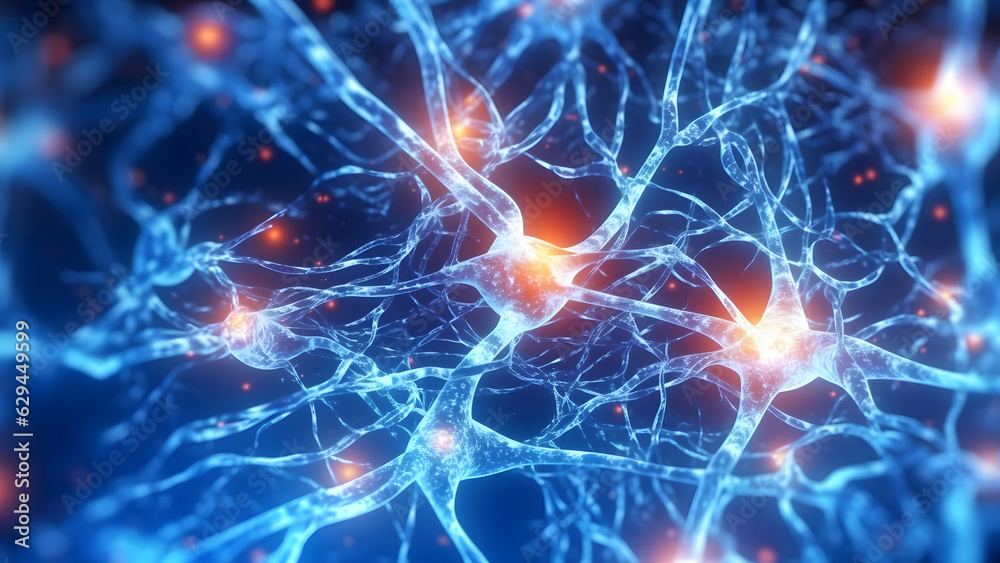 glowing brain neural cells connected in biological neural network, neural network generated ...