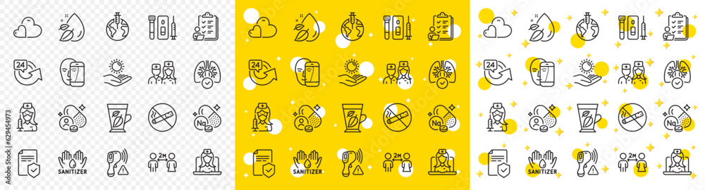 Outline Social distancing, Care and Blood and saliva test line icons ...