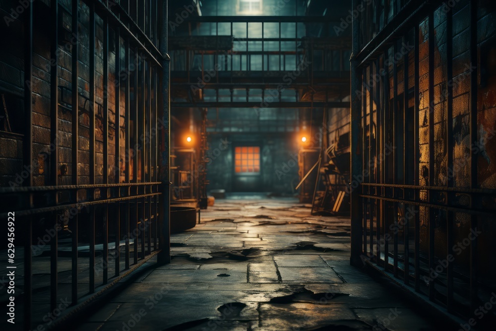 Prison cell, with a focused view on the iron bars, depicting the ...