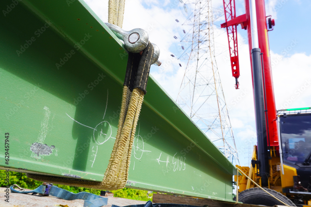 Shackles and webbing slings set connecting to lift up steel structure ...