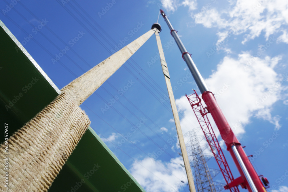 Shackles and webbing slings set connecting to lift up steel structure ...