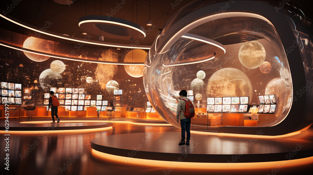 A futuristic library with interactive displays, state-of-the-art ...