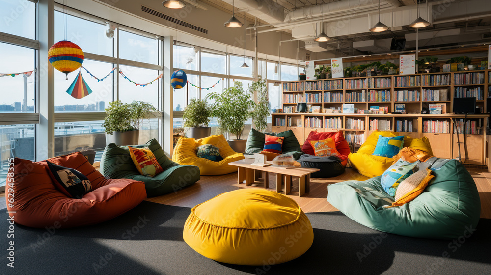 A library with floor cushions, bean bags, and hammocks, offering unique ...