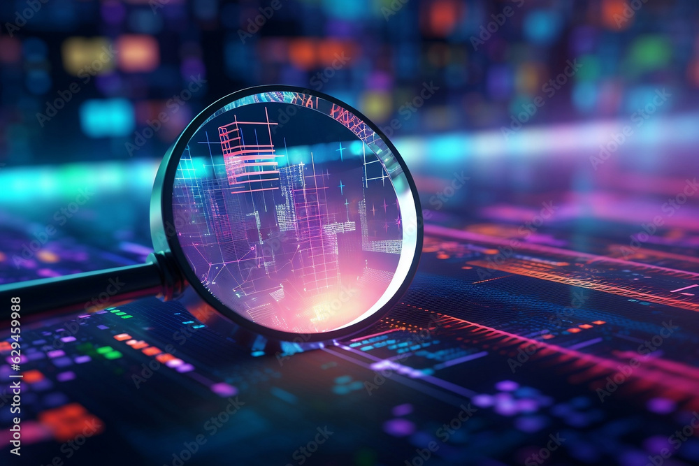 A magnifying glass against a background of luminous graphs, charts, and ...