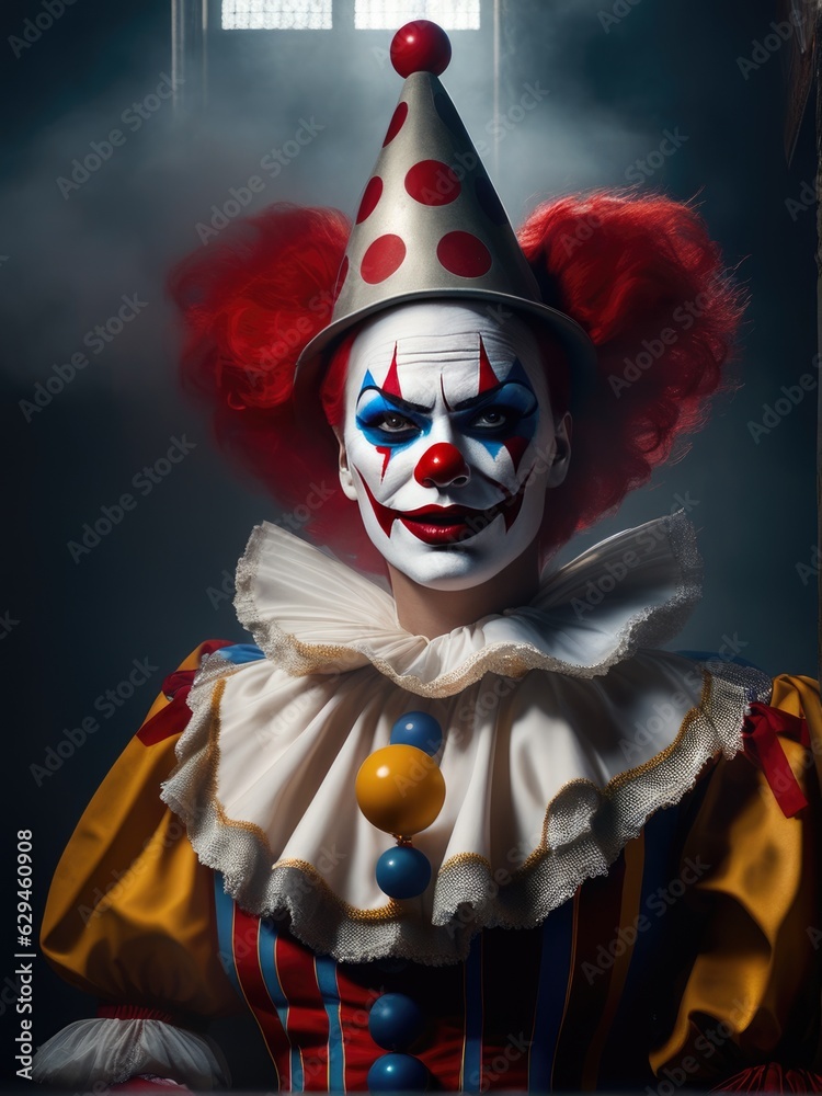 Photography of an ultra realistic Evil woman clown in dramatic ight fog ...