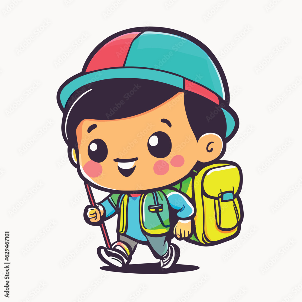 man chibi wearing mountaineering clothes go hiking, vector illustration ...