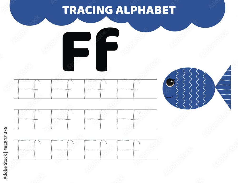 Worksheet for learning alphabet. Tracing letter F with cute cartoon ...