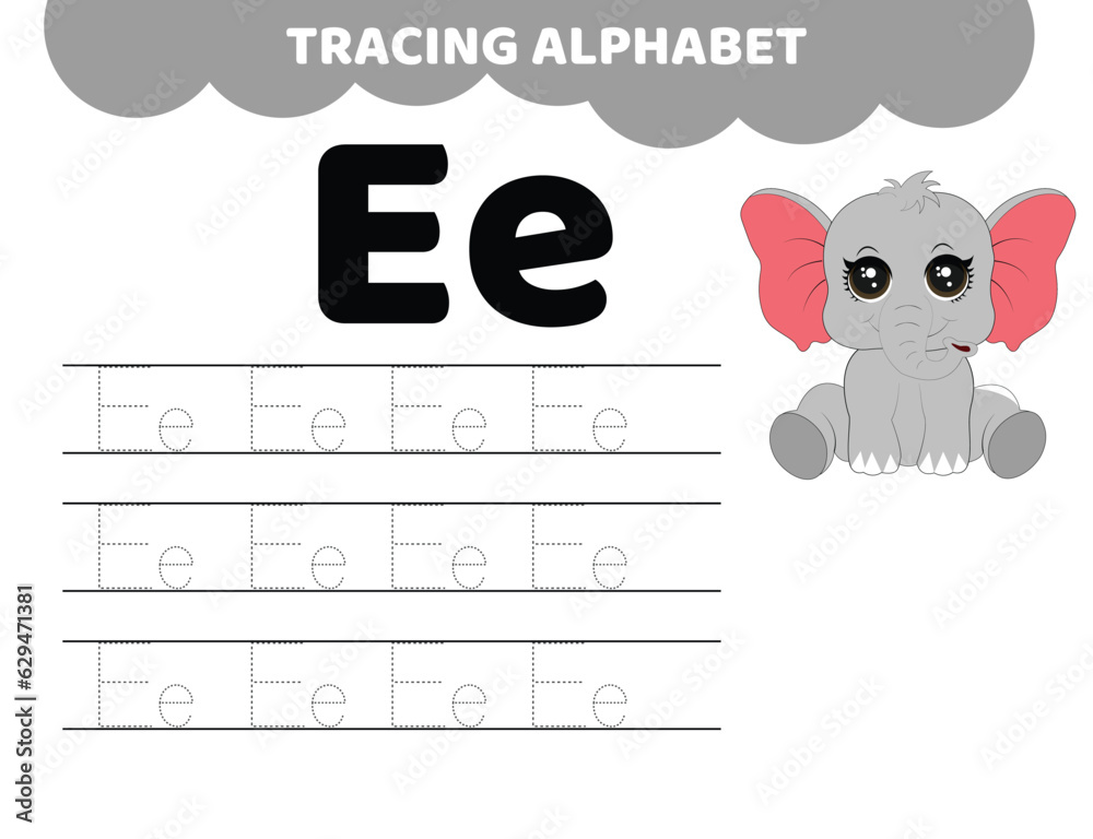 Worksheet for learning alphabet. Tracing letter E with cute cartoon ...