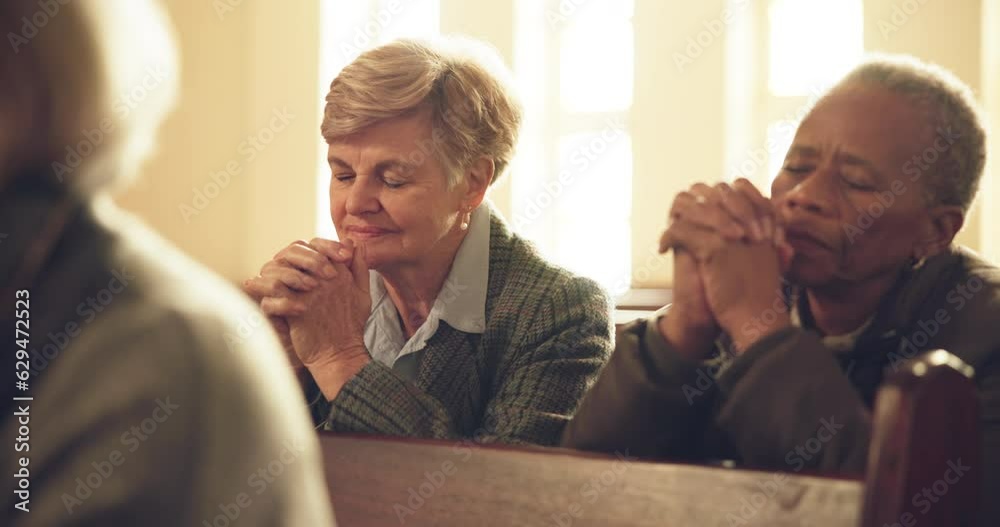 Senior women, group and praying in church with religion, faith and love ...