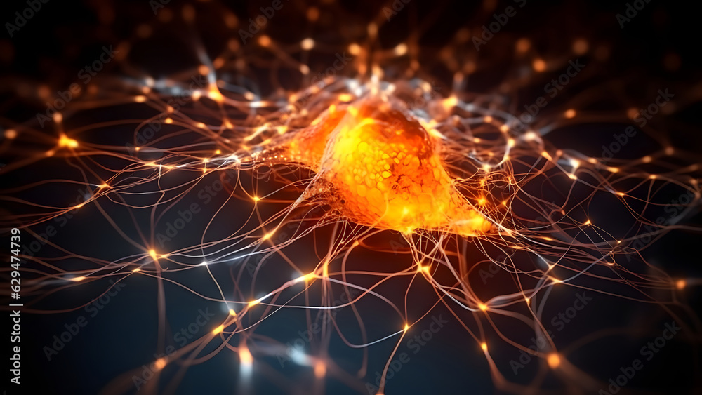 glowing brain neural cells connected in biological neural network, neural network generated ...