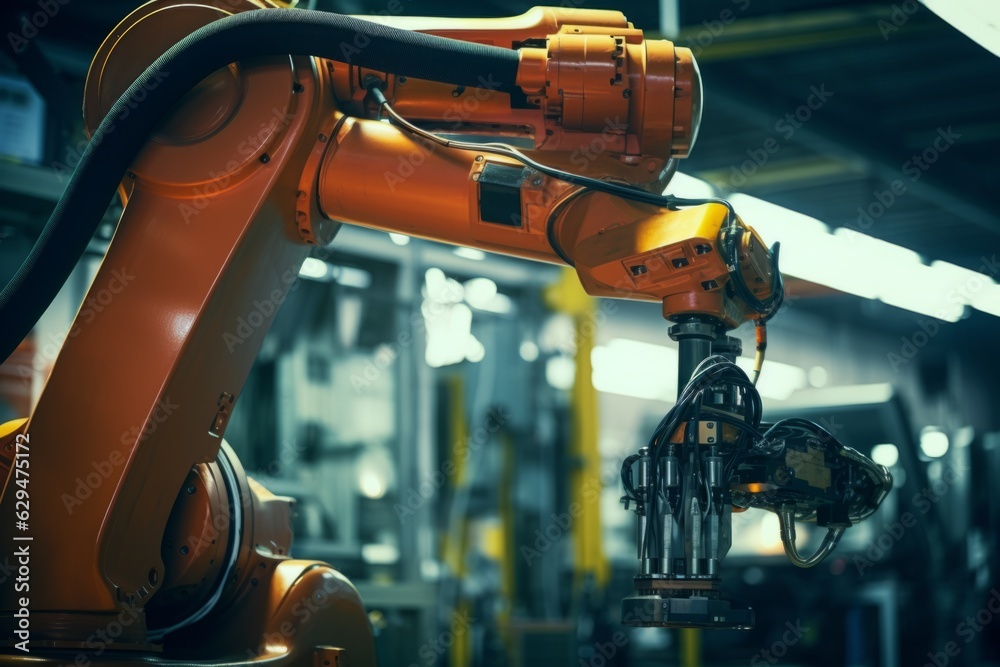 Precise robotic manipulator machine welding hand at factory's assembly ...
