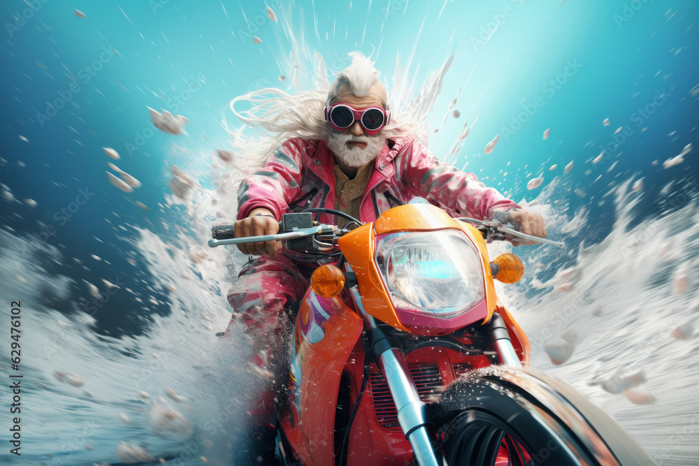 Funny aged biker riding orange motor bike surrounded by splashing water ...