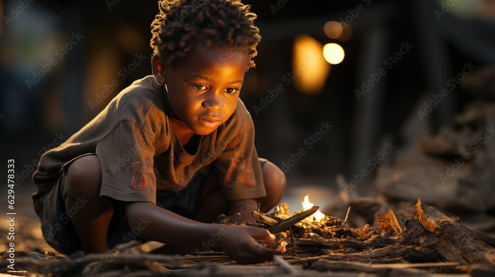 A lonely African child tries to light a fire of brushwood to keep warm ...