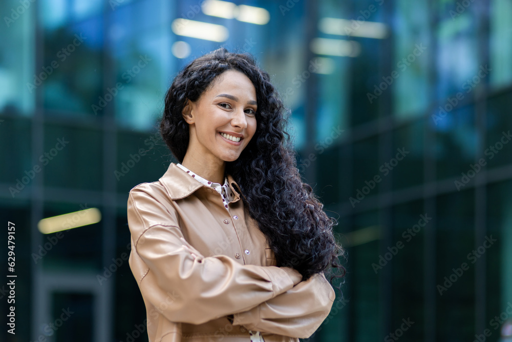 Portrait of happy and successful business woman, boss in shirt smiling ...