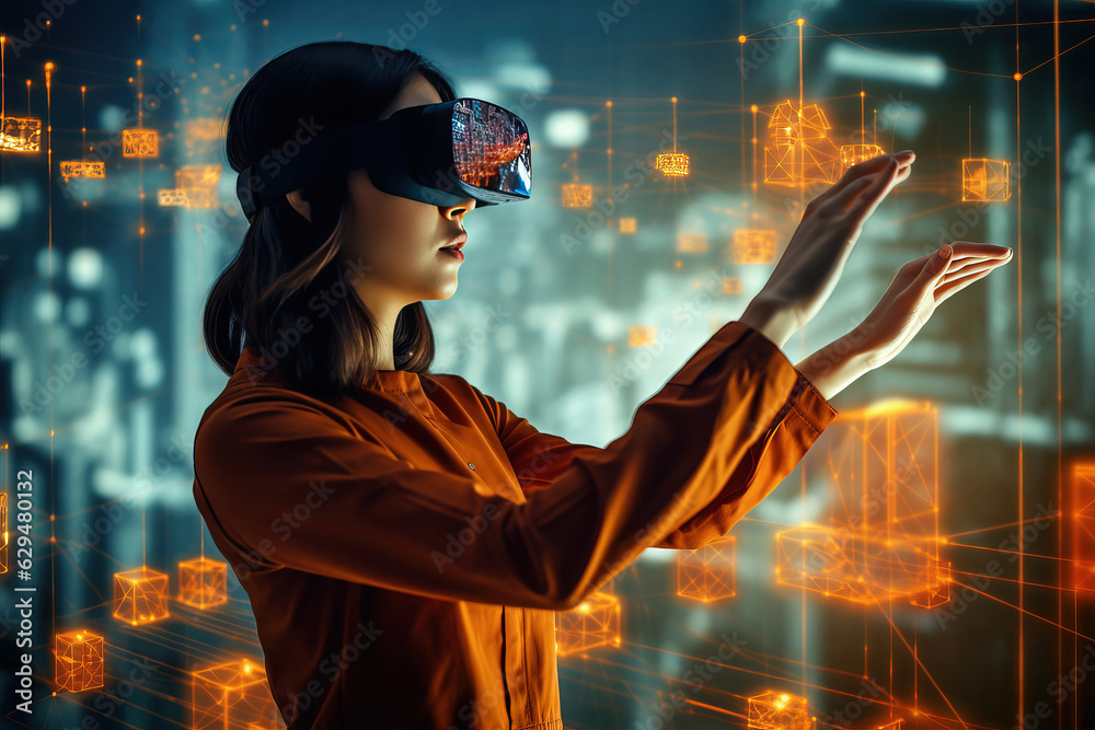 Young woman wearing VR goggles immersed in cyberspace interacts with ...