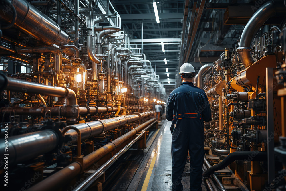 Oil and gas refinery supervisor walking by gas pipeline for inspection ...