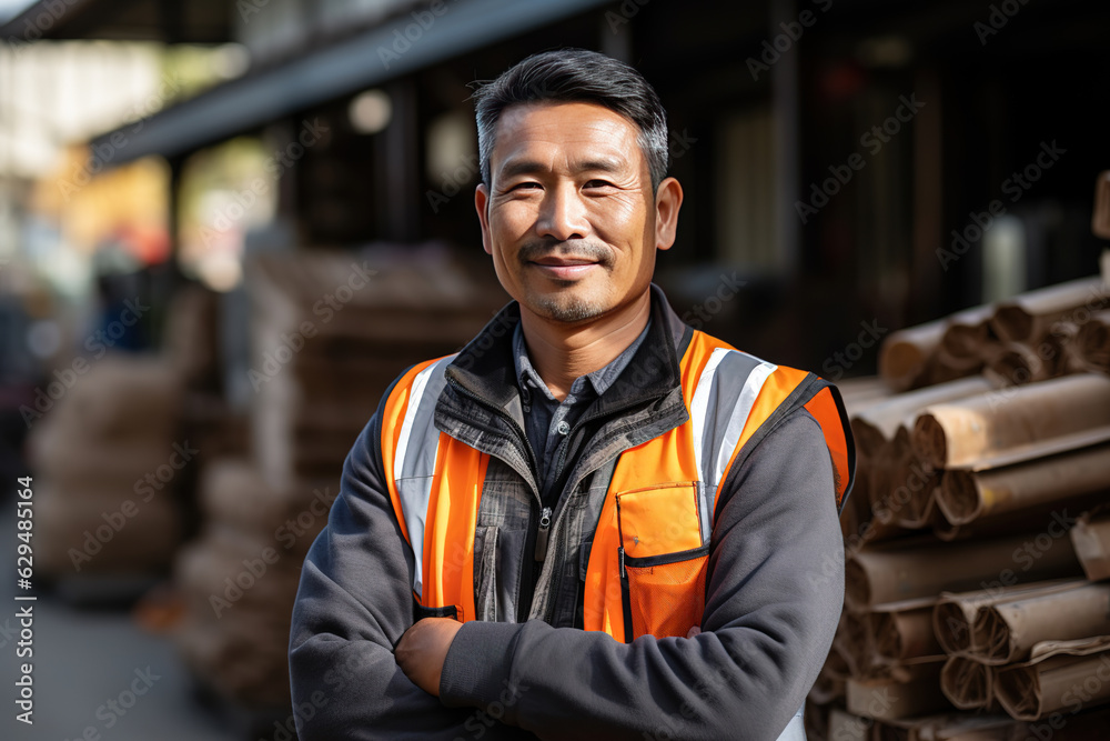Asian Construction site manager standing or worker with folded arms ...