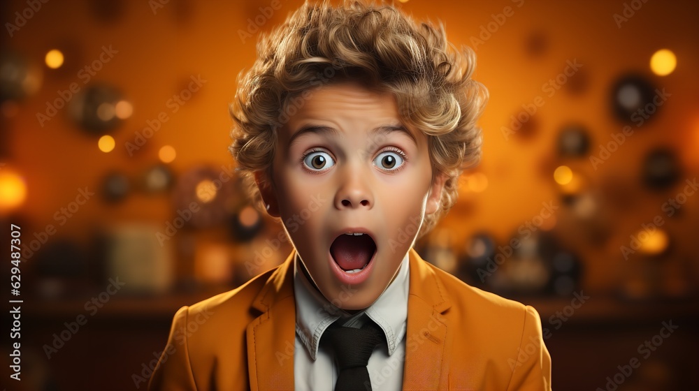 Shock, surprise and boy child in a studio with a wow or omg facial ...