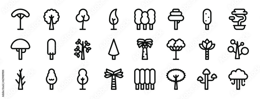 set of 24 outline web trees icons such as tipuana, black ash, acacia ...
