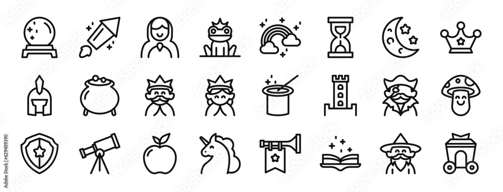 set of 24 outline web fairy tale icons such as crystal ball, rocket ...