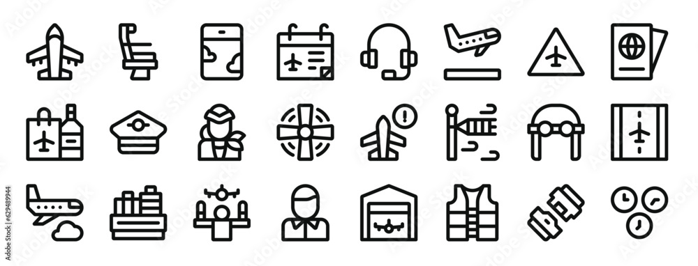 set of 24 outline web aviation icons such as airplane, seat, window ...
