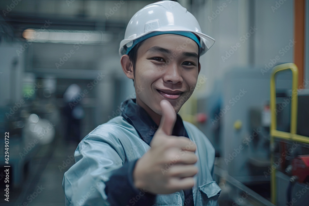 Portrait of cheerful happy smiling Asian worker, engineer in white ...