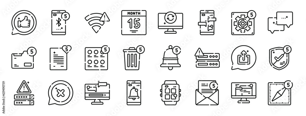 set of 24 outline web notifications icons such as thumbs up, sharing, wifi, calendar, refresh ...