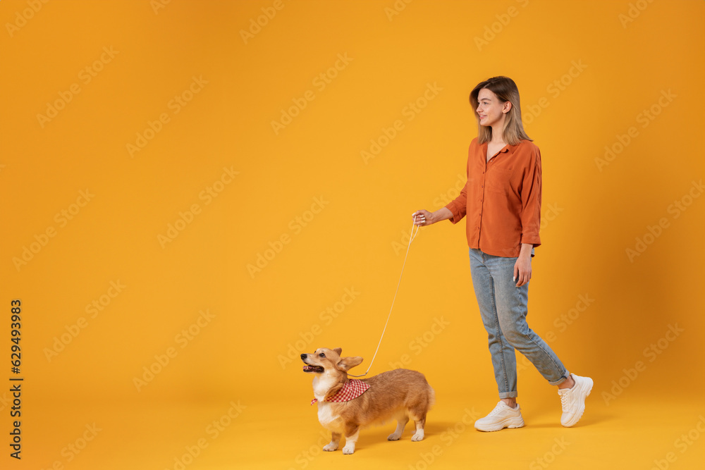 Walk with pet. Excited young lady walking with her cute corgi dog on a ...