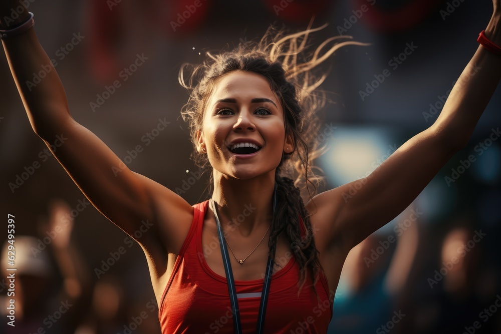 Female athlete crossing finish line with arms raised: winning concept ...