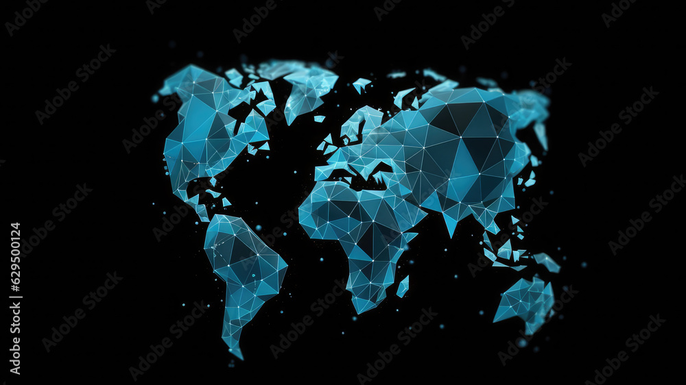 3d World map network connection glowing polygonal triangle neon lines ...