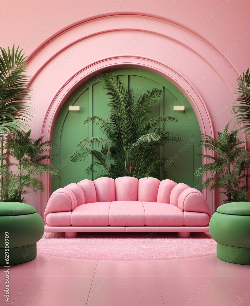 This bold and vibrant interior design of a pink couch and green stools ...